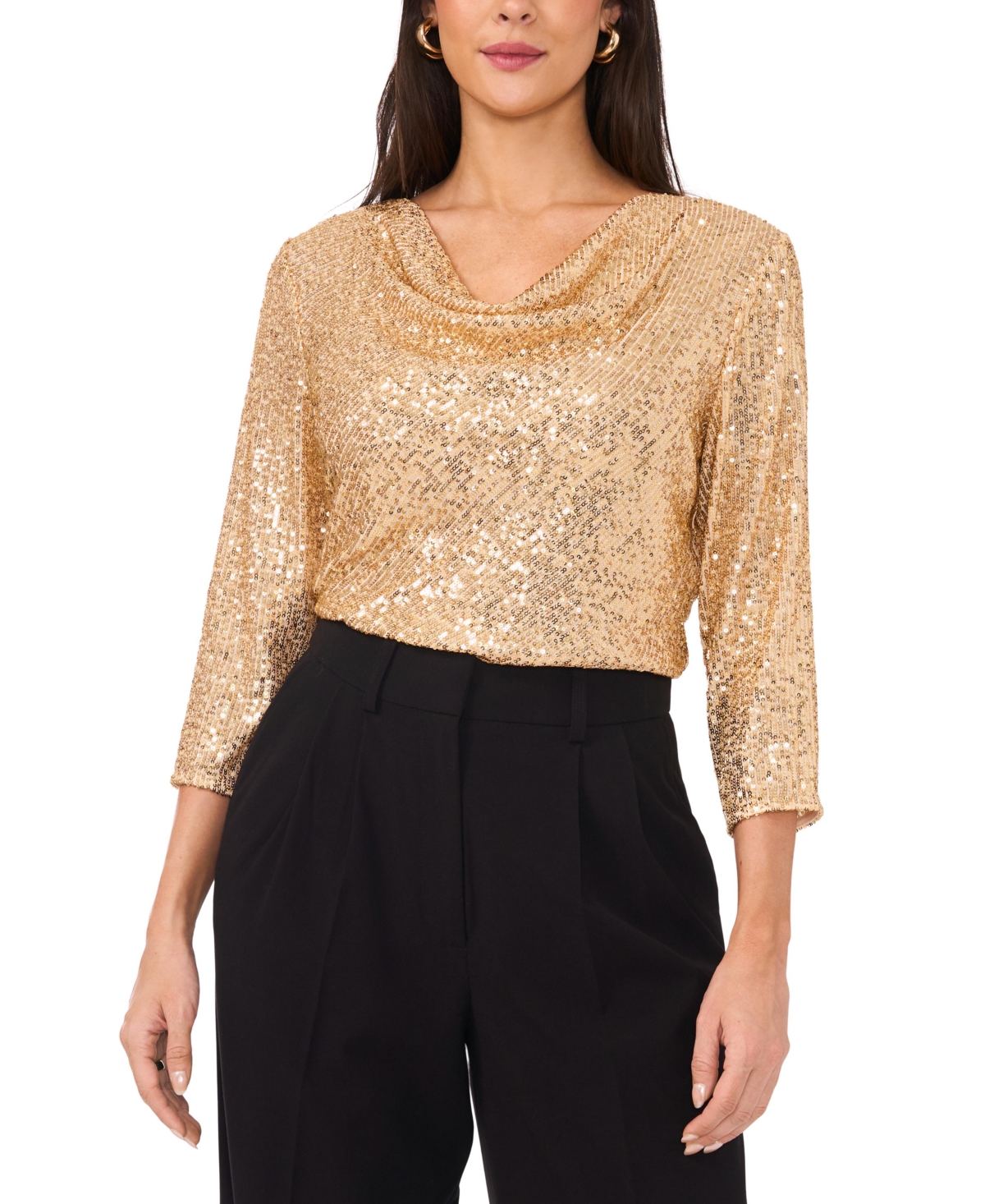 Click here for Vince Camuto Womens Sequined Cowlneck 3/4-Sleeve T... prices