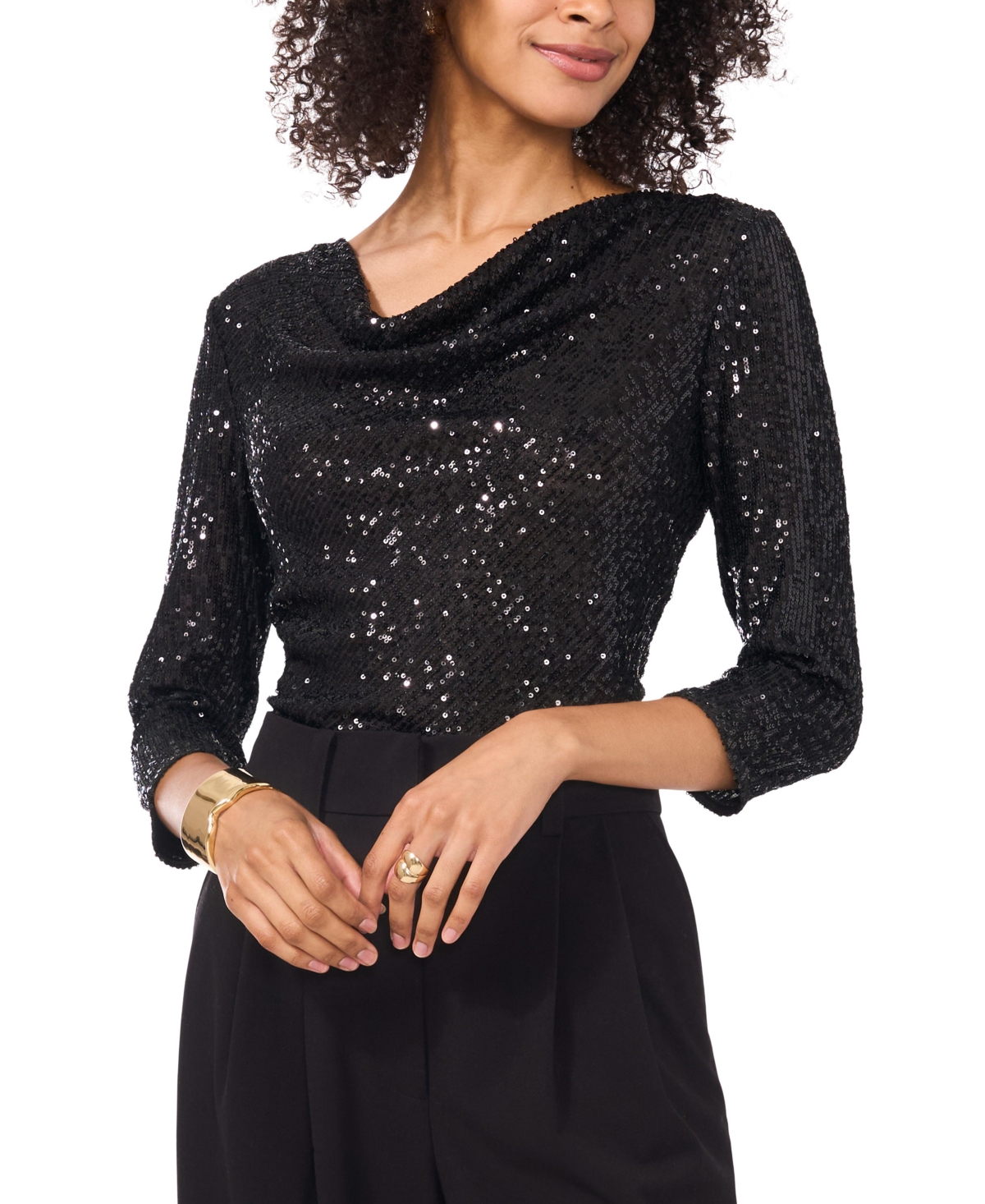 Click here for Vince Camuto Womens Sequined Cowlneck 3/4-Sleeve T... prices