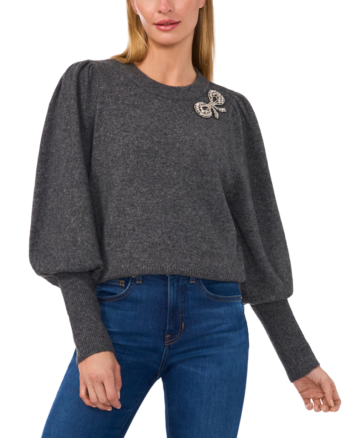 Click here for CeCe Womens Rhinestone Bow Crew Neck Sweater - Med... prices