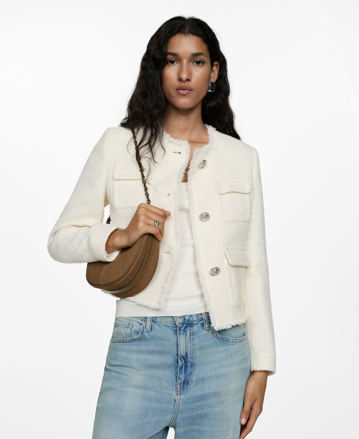 Click here for Mango Womens Pocket Tweed Jacket - Ecru prices