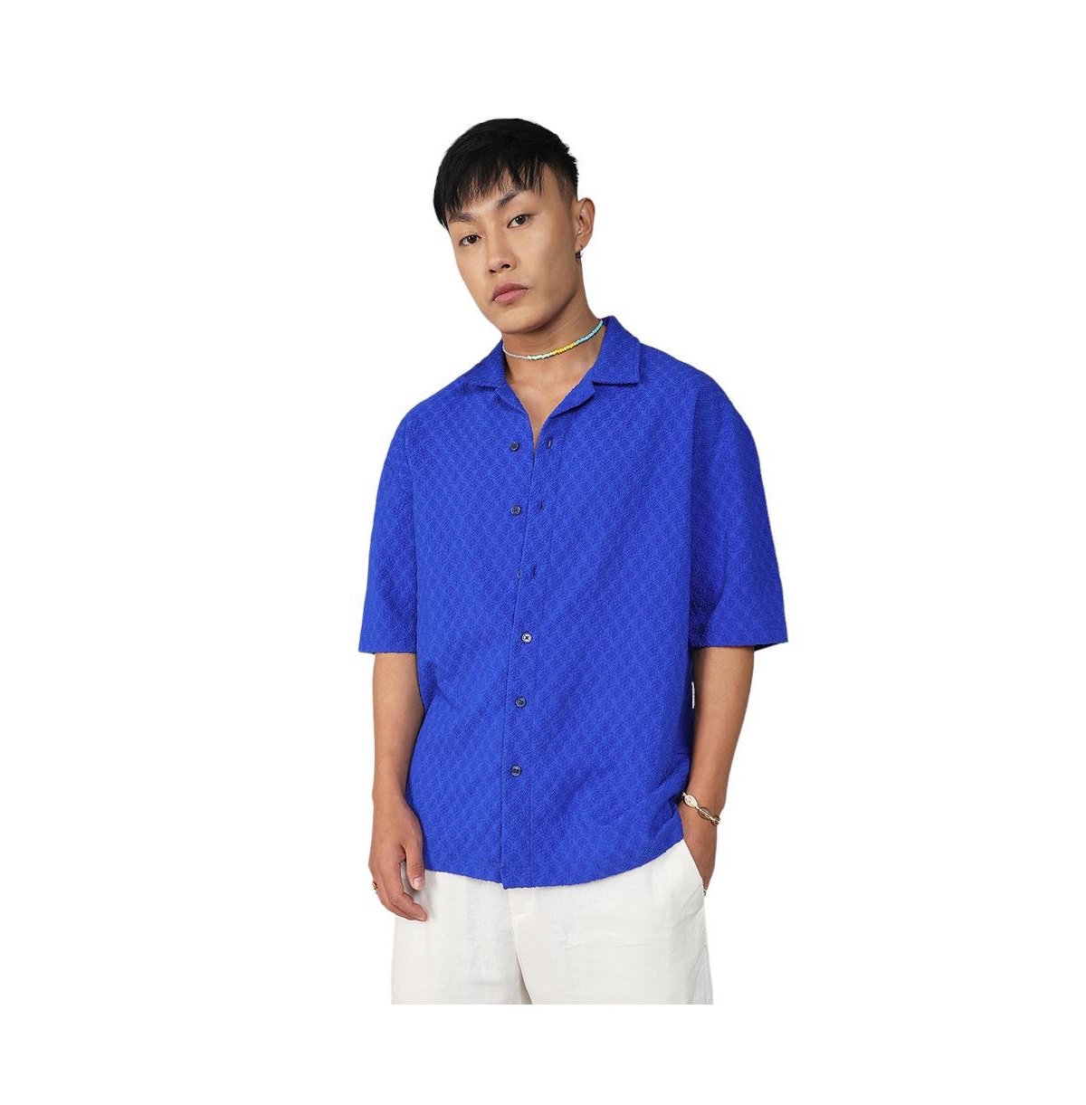 Click here for Mens Royal Blue Textured Geometric Oversized Shirt... prices