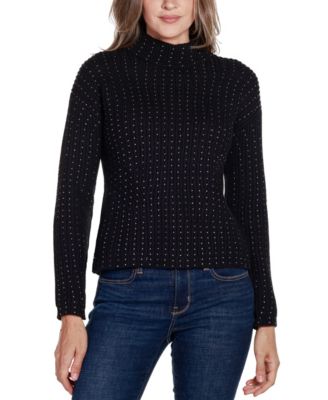 Belldini Women's Black Label Embellished Mock Neck Ribbed Sweater - Macy's