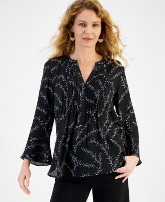 Style & Co Women's Printed Split-Neck Pintuck Ruffle-Sleeve Top - Macy's