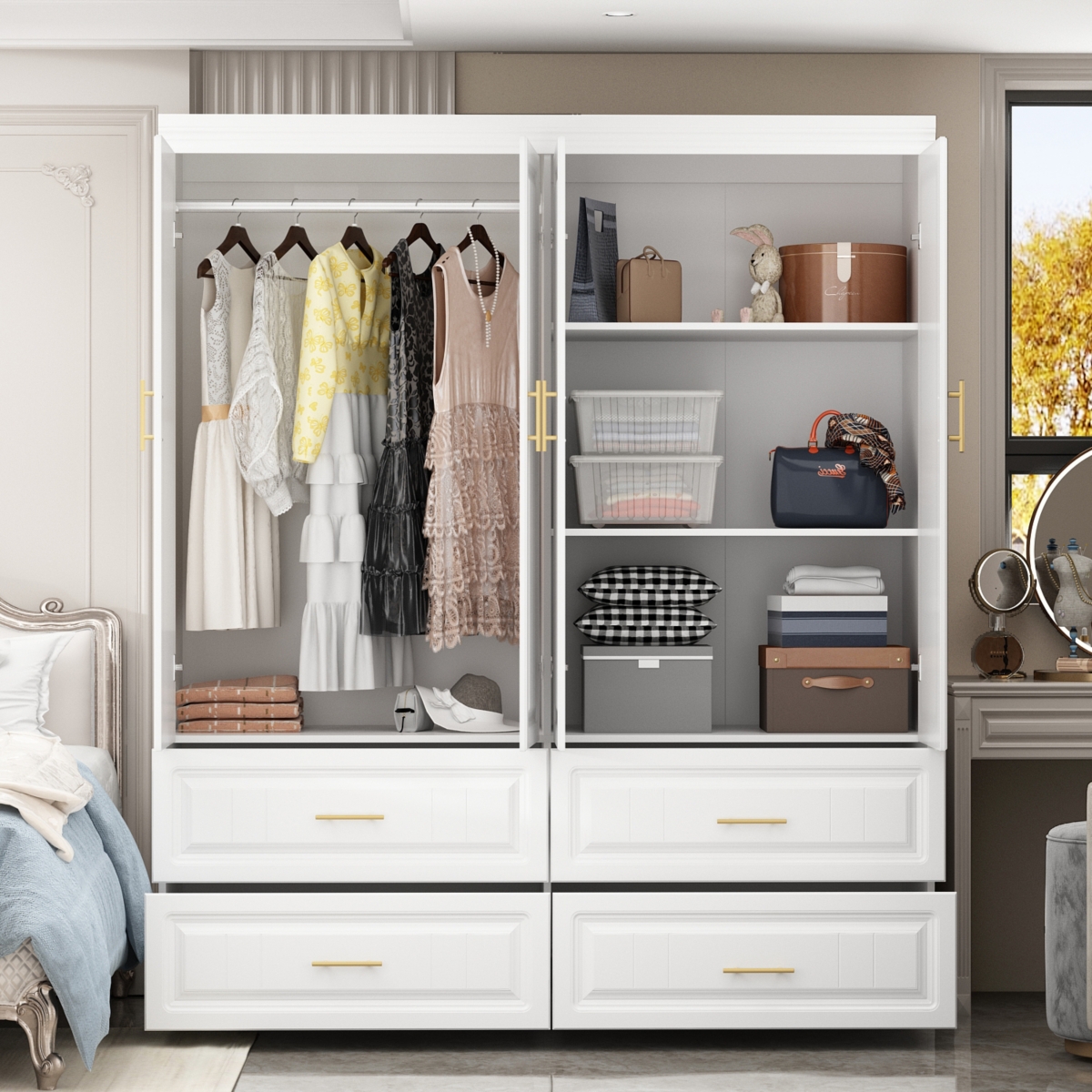 Click here for Famapy White Wooden 4-Door Super Large Bedroom Arm... prices