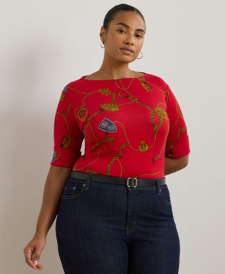 Lauren Ralph Lauren Plus Size Belting-Print Elbow-Sleeve Tee - Macy's