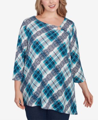 Ruby Rd. Plus Size Ring Neck Plaid Hatchi Knit Top - Macy's