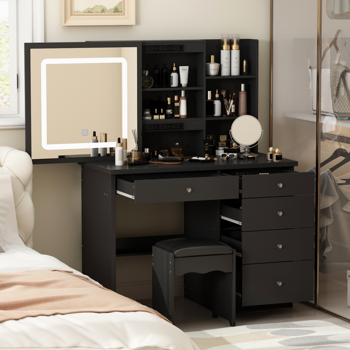Click here for Famapy 5-Drawers Black Wood Led Push-Pull Mirror M... prices