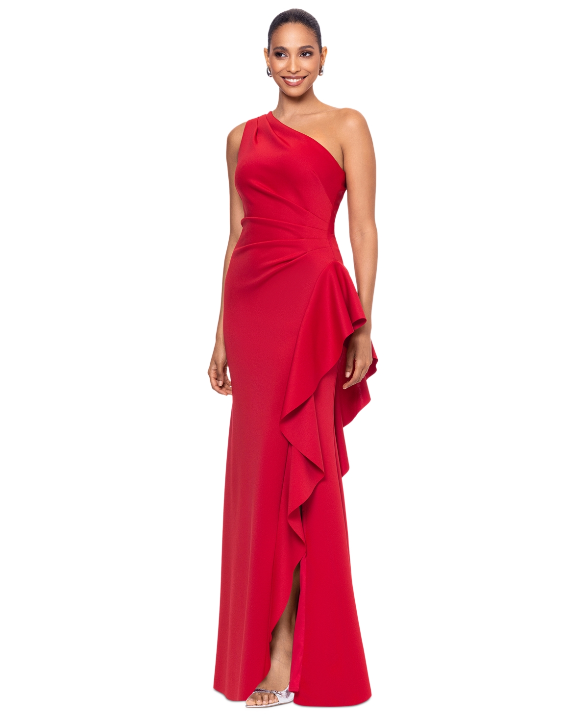 Click here for Xscape Womens Ruffled One-Shoulder Scuba Gown - Re... prices