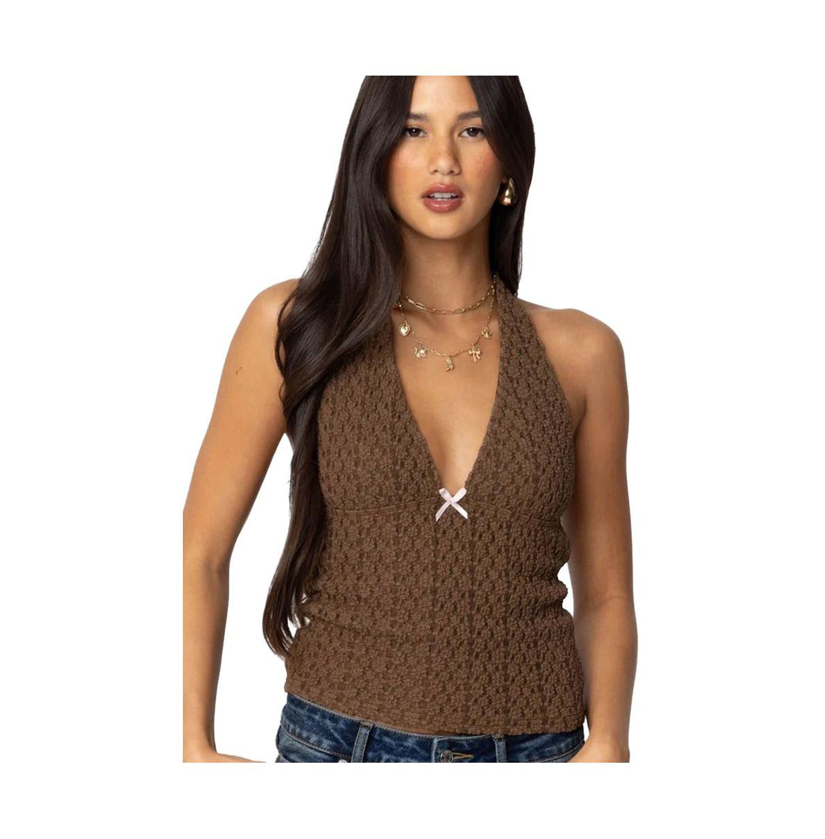 Click here for Edikted Womens Willow Textured Halter Top - Brown prices