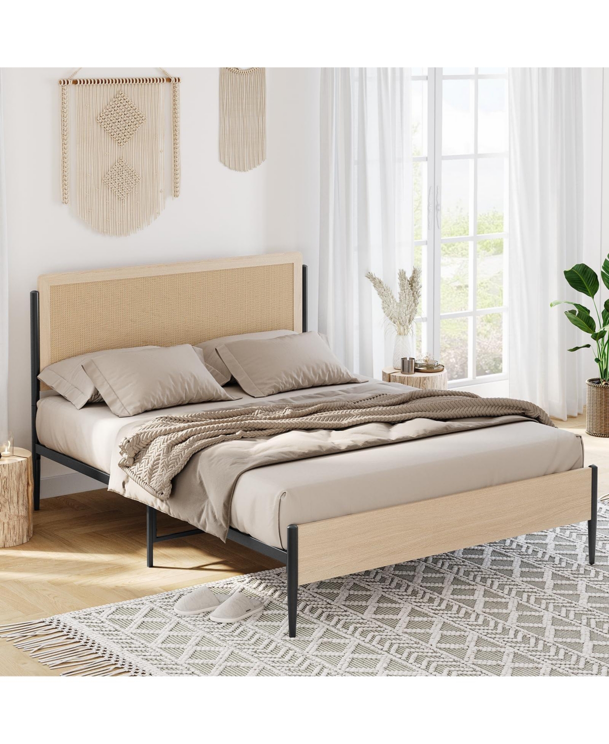 Click here for gaomon Full Bed Frame with Rattan Headboard  Platf... prices
