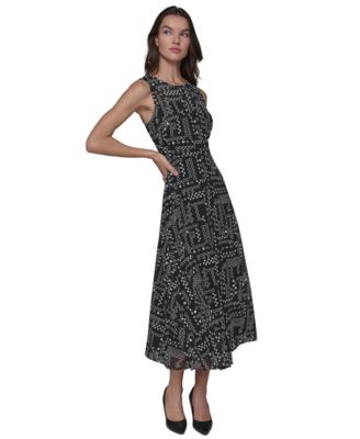 KARL LAGERFELD PARIS Women's Round-Neck Embroidered Sleeveless Dress ...