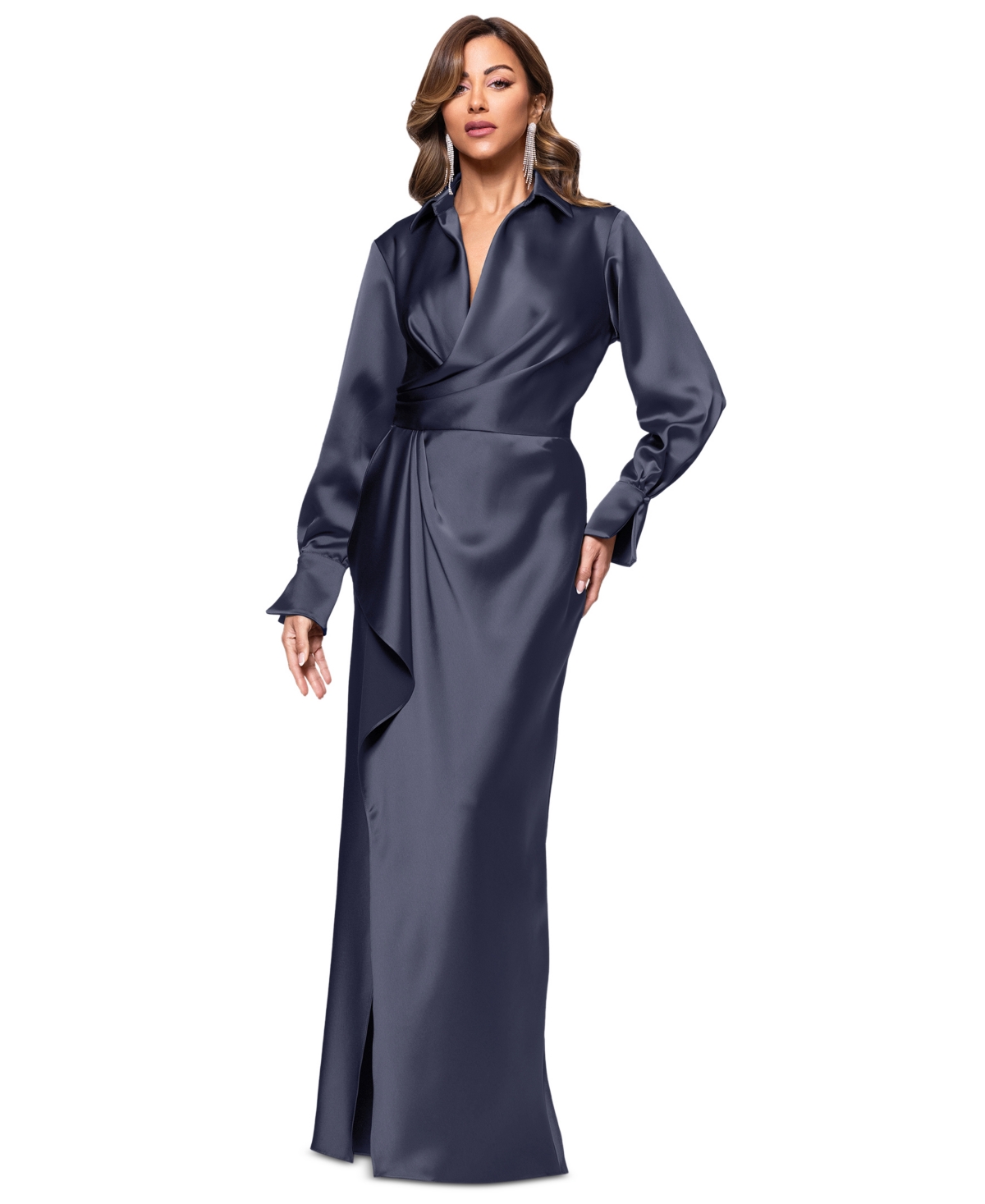 Click here for Xscape Womens Satin Shirtdress Gown - Navy prices