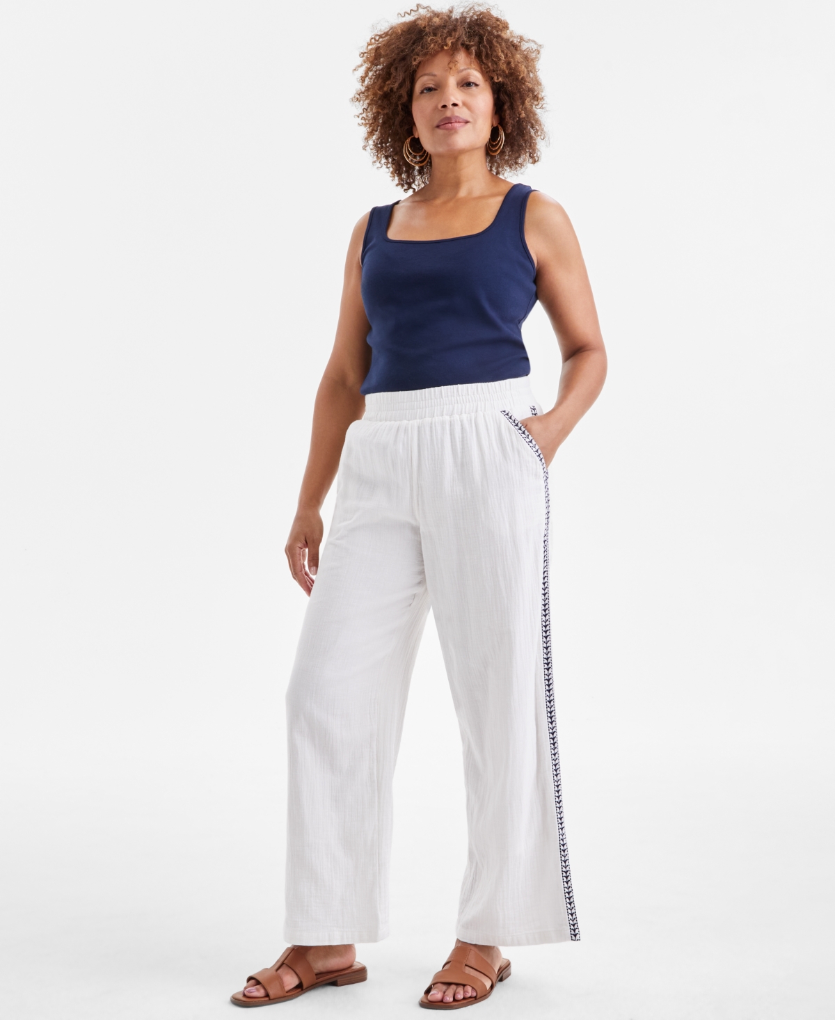 Click here for Style & Co Womens Cotton Embroidered Wide-Leg Gauz... prices