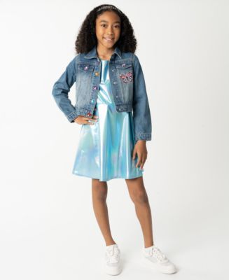 Sparkle & Shine Big Girls Liquid Metallic Dress with Denim Jacket, 2 ...