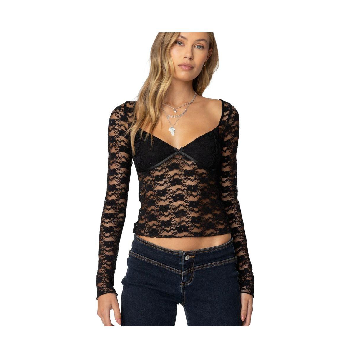 Click here for Edikted Womens Mykonos Sheer Lace Top - Black prices