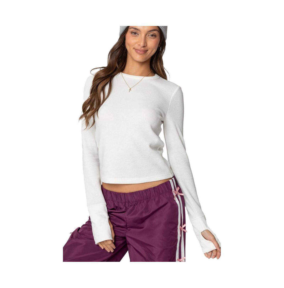 Click here for Edikted Womens Waffle Long Sleeve T Shirt - White prices