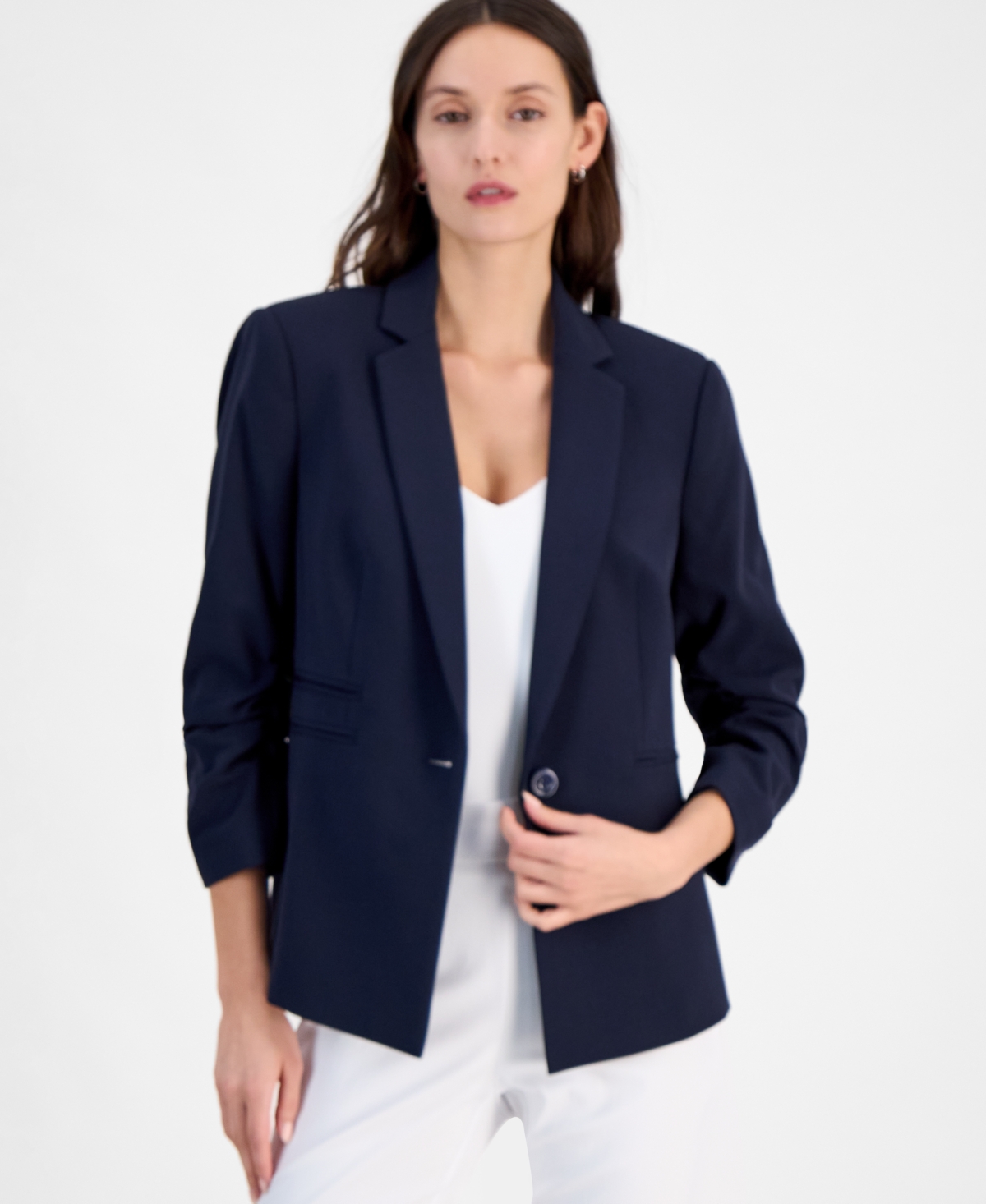 Click here for Tahari Asl Womens Ruched-Sleeve One-Button Blazer... prices