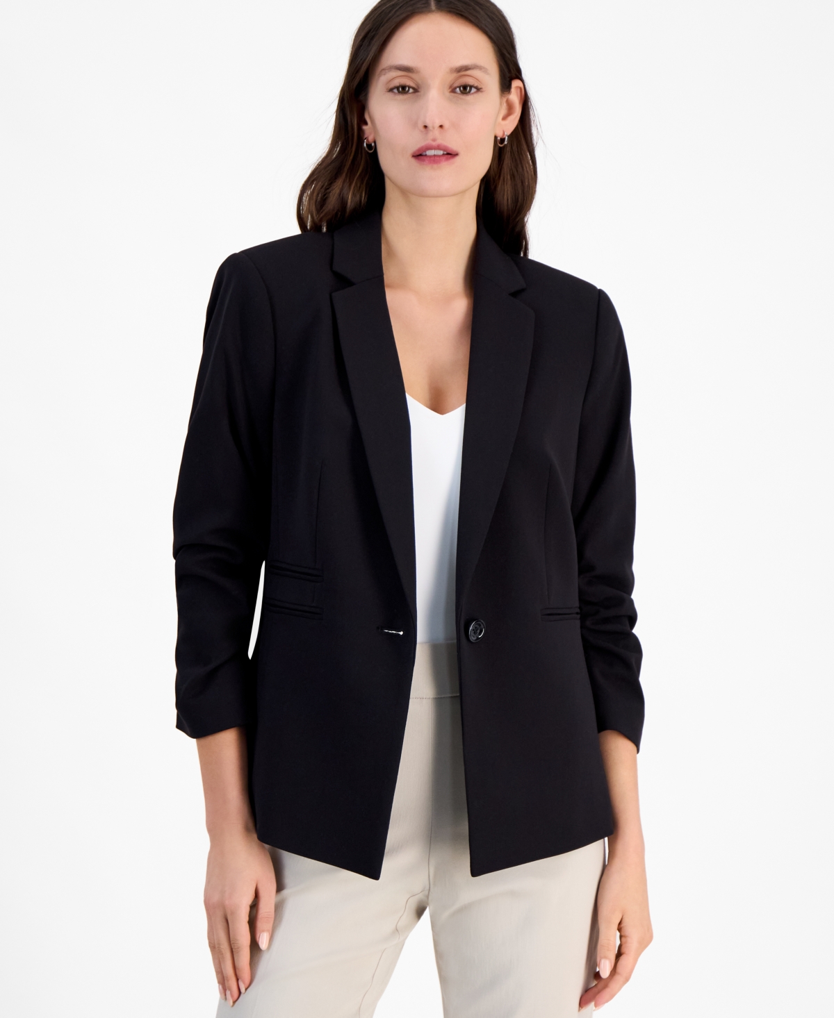 Click here for Tahari Asl Womens Ruched-Sleeve One-Button Blazer... prices