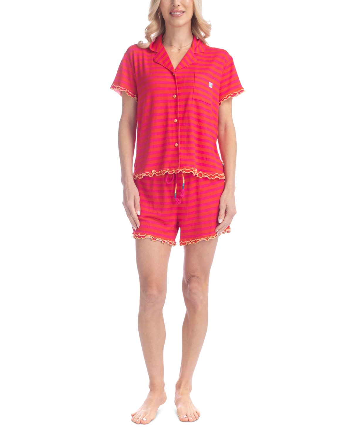 Ocean Pacific Womens Notched-Collar Shortie Pajama Set - Red Stripes