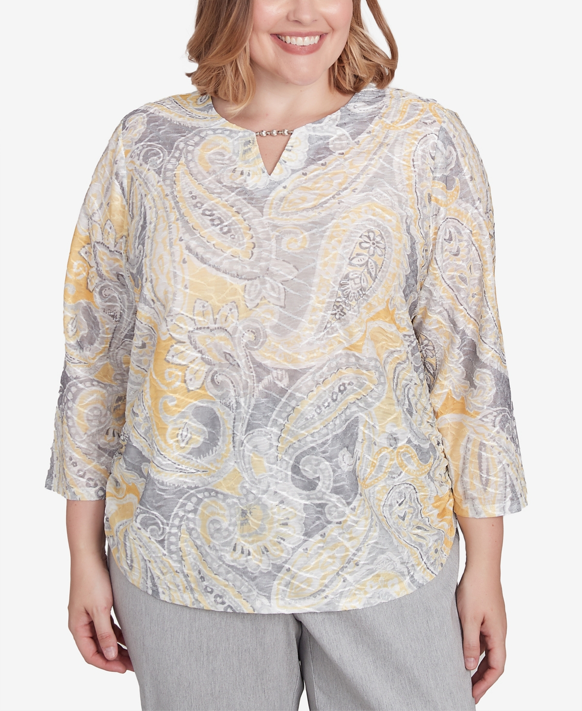 Alfred Dunner Plus Size Dress Code Textured Paisley Beaded Neck Top - Grey Multi