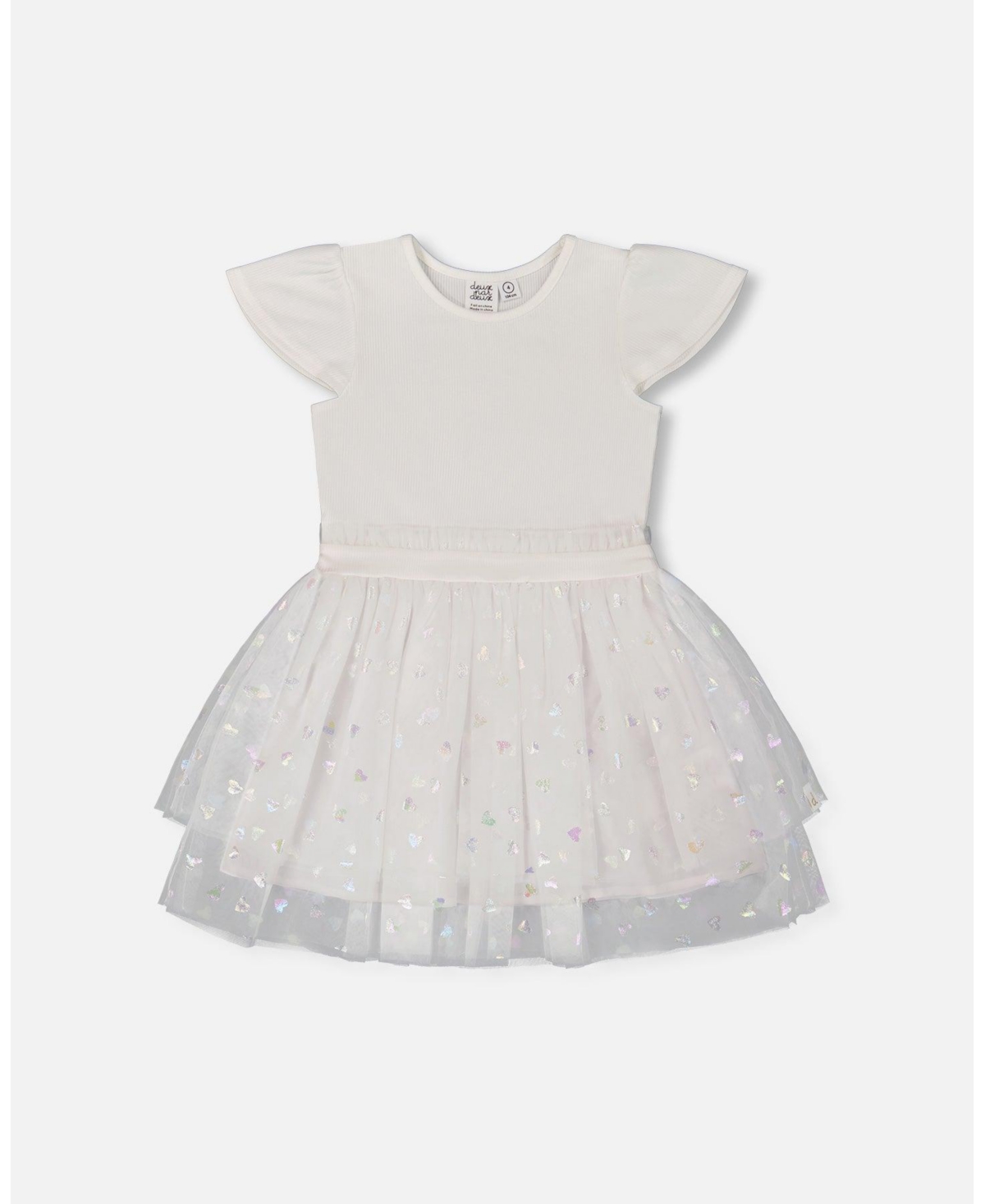 Deux par Deux Big Girls Bi-Material Dress With Glitter Hearts Skirt Snow White - Snow white