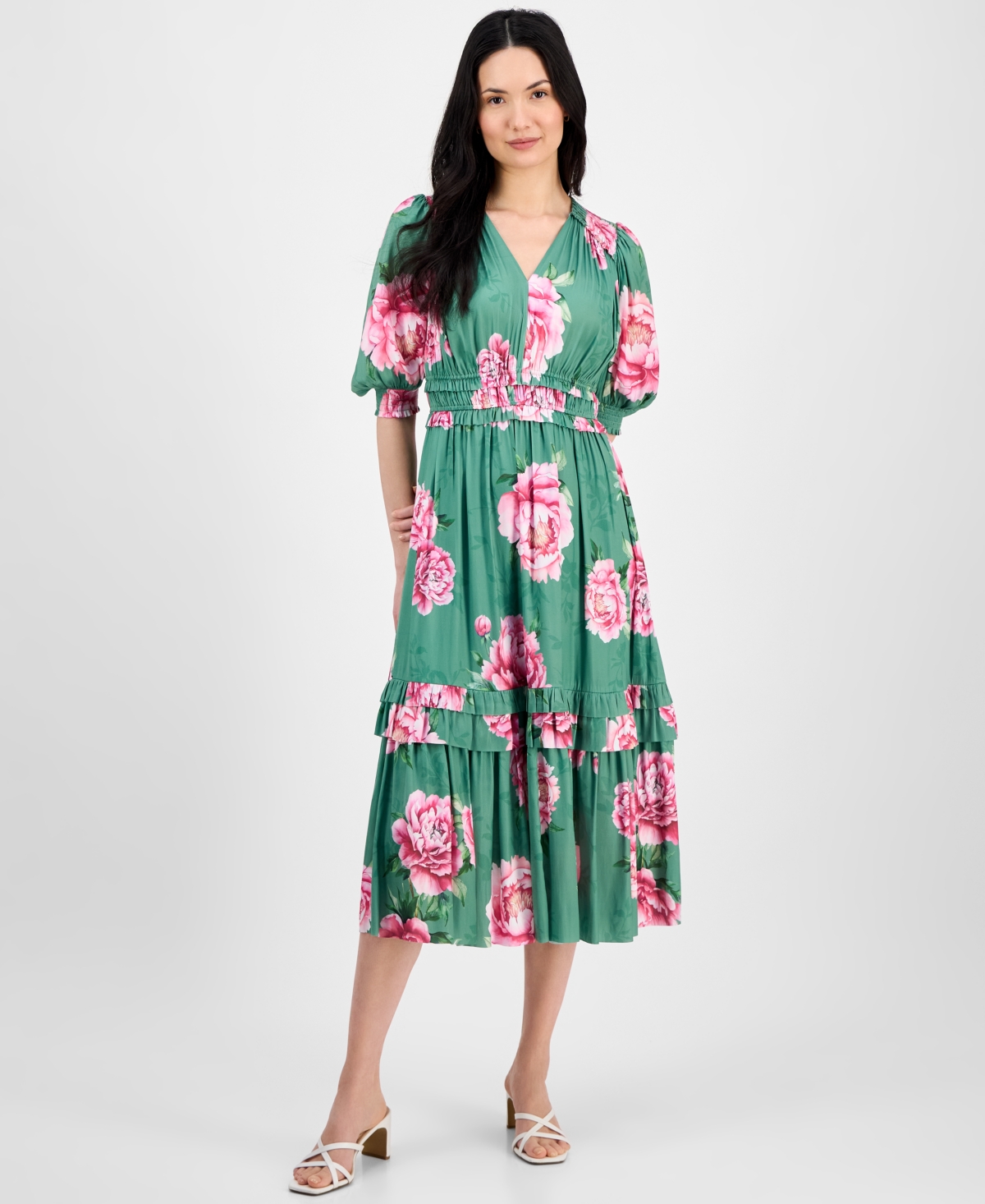 Click here for T Tahari Womens Printed V-Neck Fit & Flare Ruffle... prices