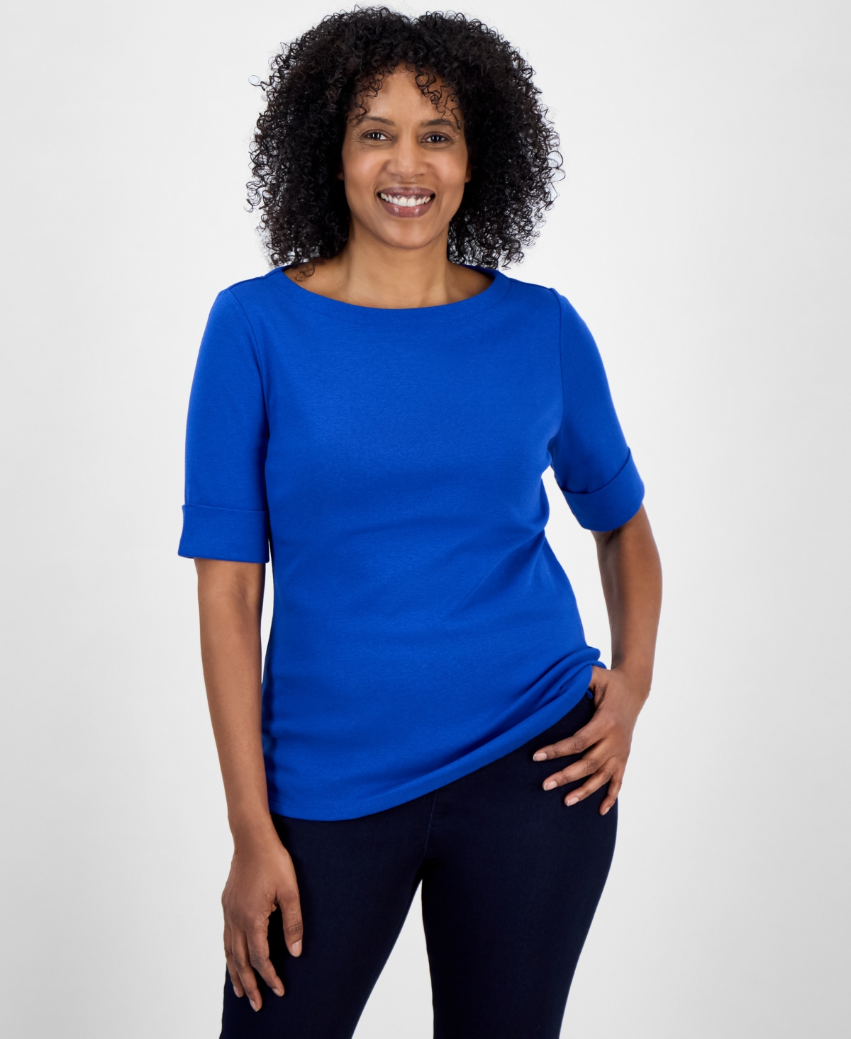 Click here for Style & Co Womens Boat-Neck Elbow Sleeve Cotton To... prices