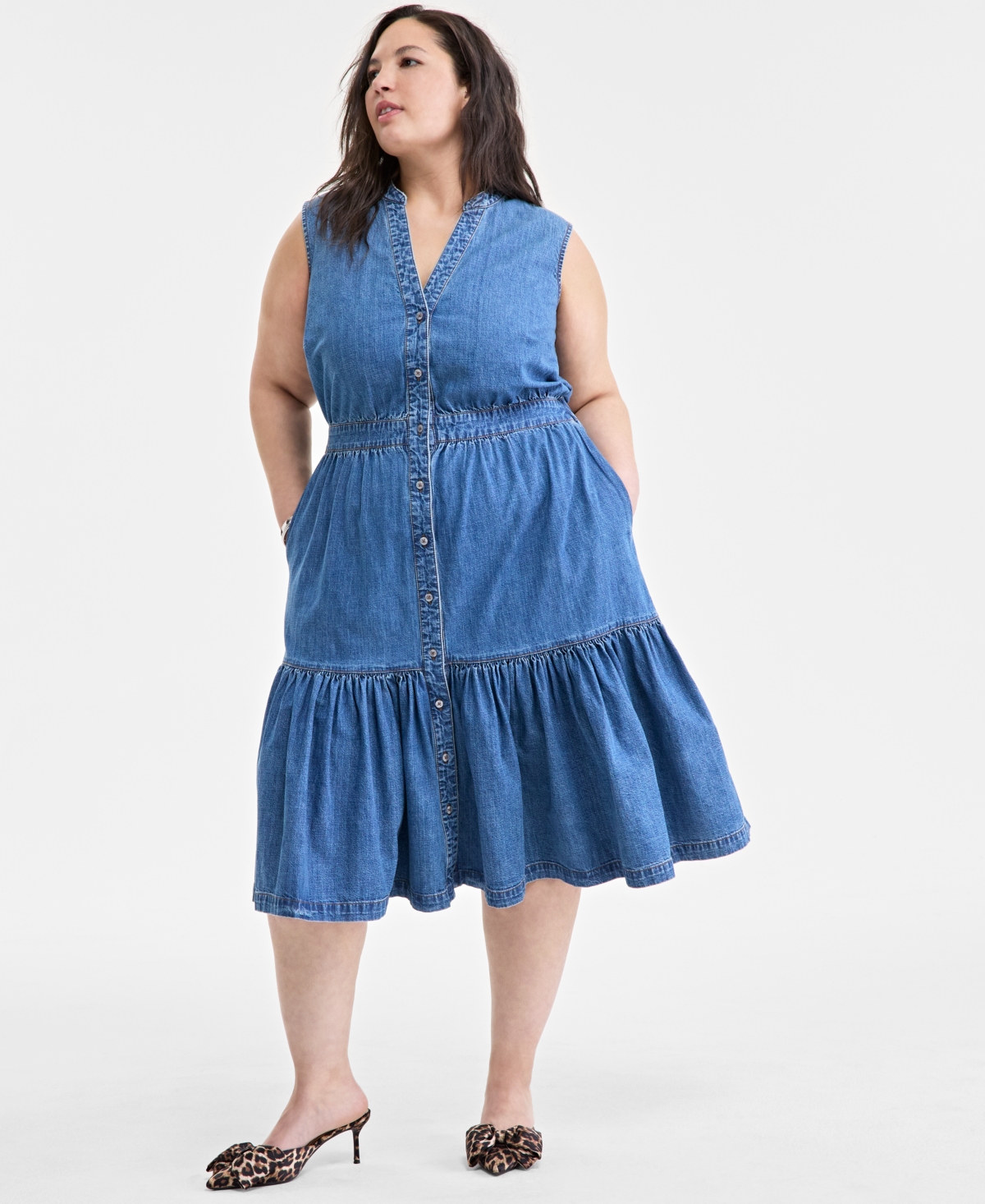 Click here for On 34th Trendy Plus Size Denim Tiered Midi Dress... prices
