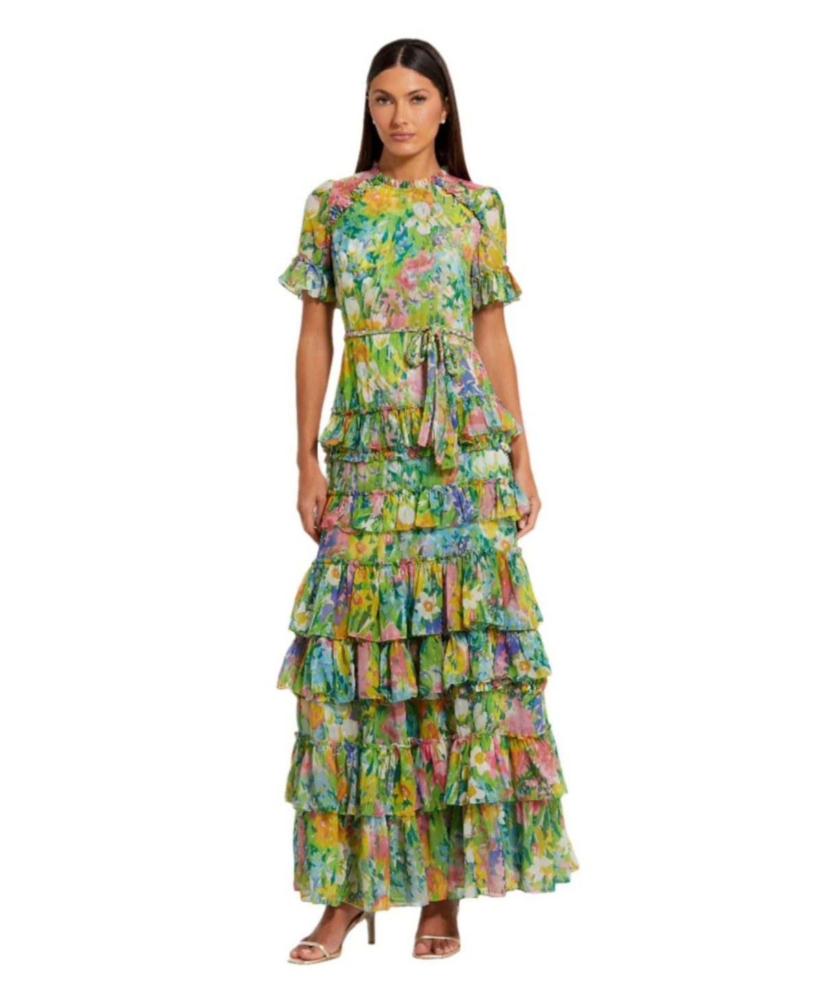 Click here for Mac Duggal Womens Floral Printed Chiffon Tiered Ru... prices