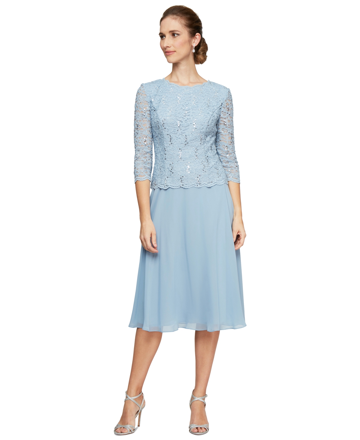 Click here for Alex Evenings Sequined Lace Contrast Dress - Sky B... prices