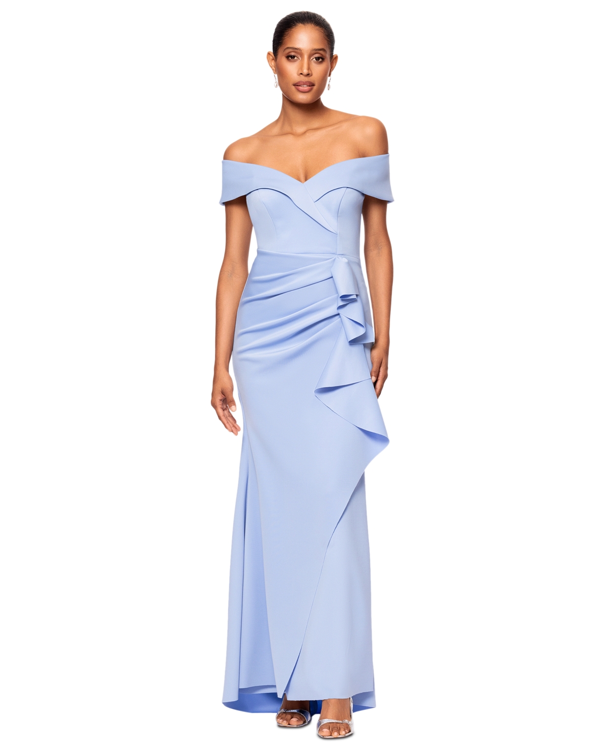 Click here for Xscape Scuba Off-The-Shoulder Gown - Periwinkle prices