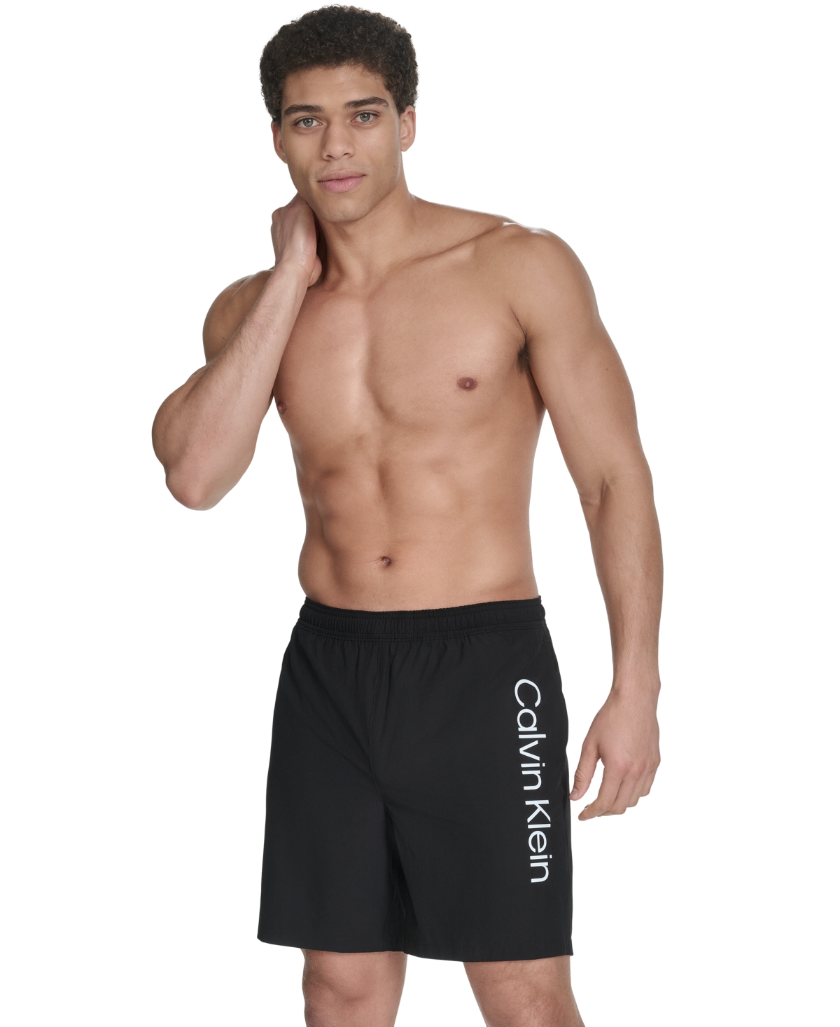 Calvin Klein Mens Regular-Fit Quick-Dry 5 Swim Trunks with Compression Short Liner - Black