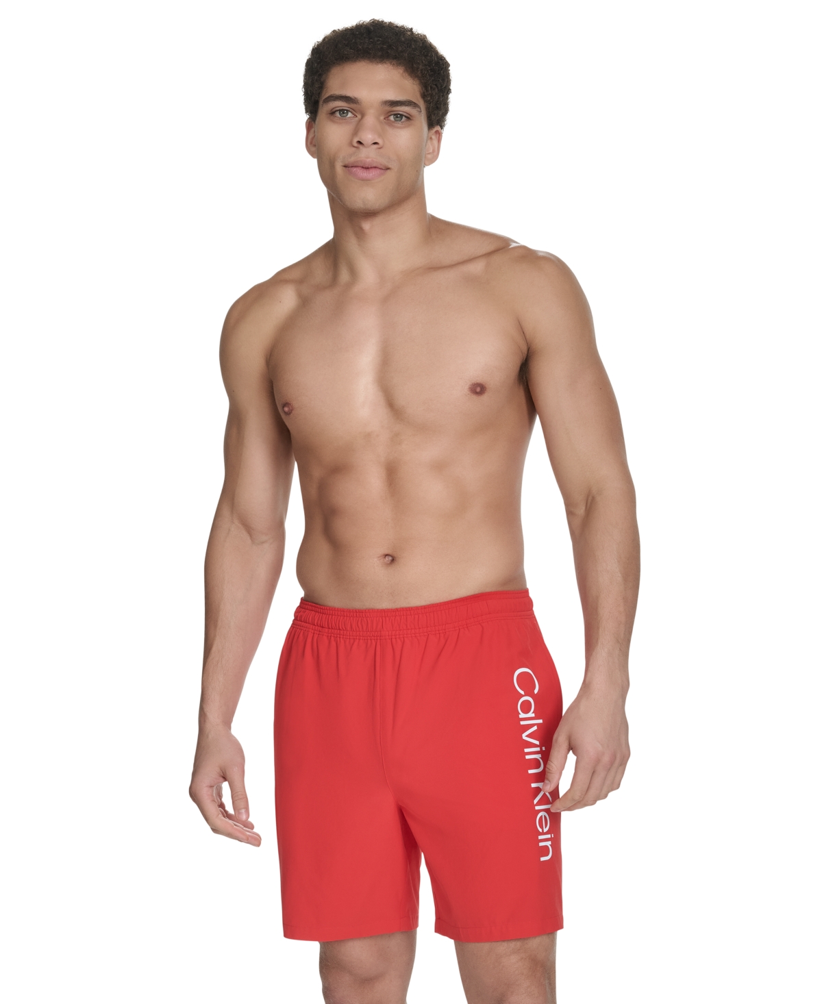 Calvin Klein Mens Regular-Fit Quick-Dry 5 Swim Trunks with Compression Short Liner - Medium Red