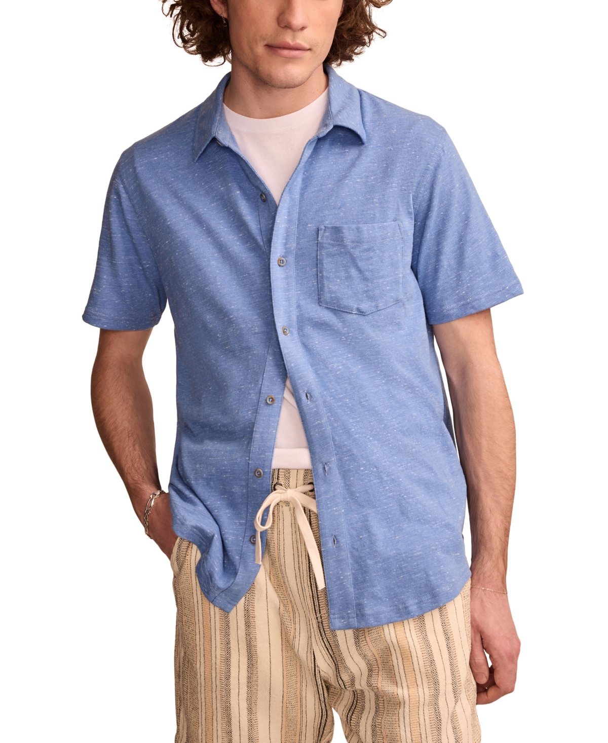 Lucky Brand Mens Linen Short Sleeve Button Down Shirt - Blue Jasper