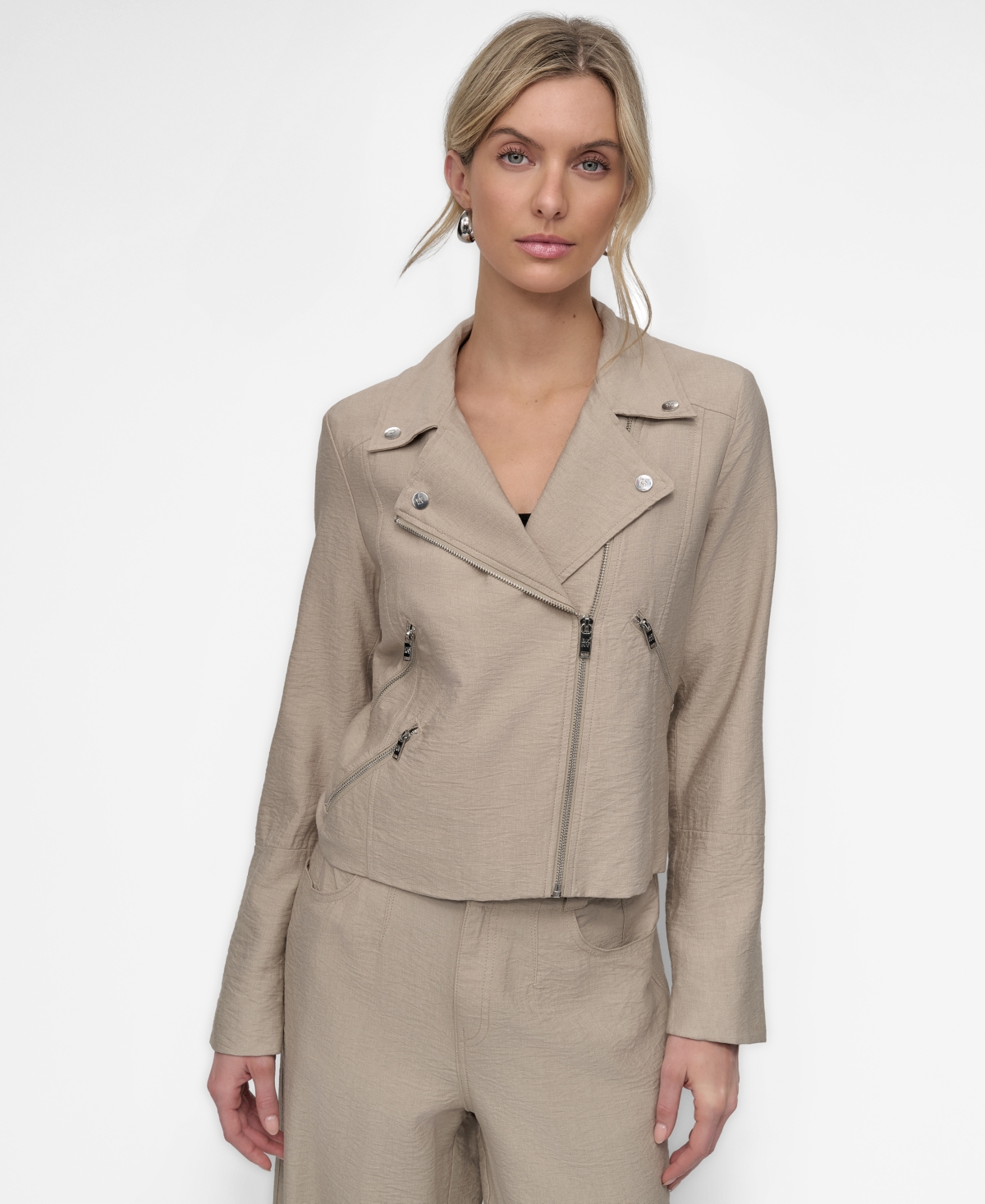 Click here for Dkny Womens Zipper Detailed Crinkle Jacket - Pebbl... prices