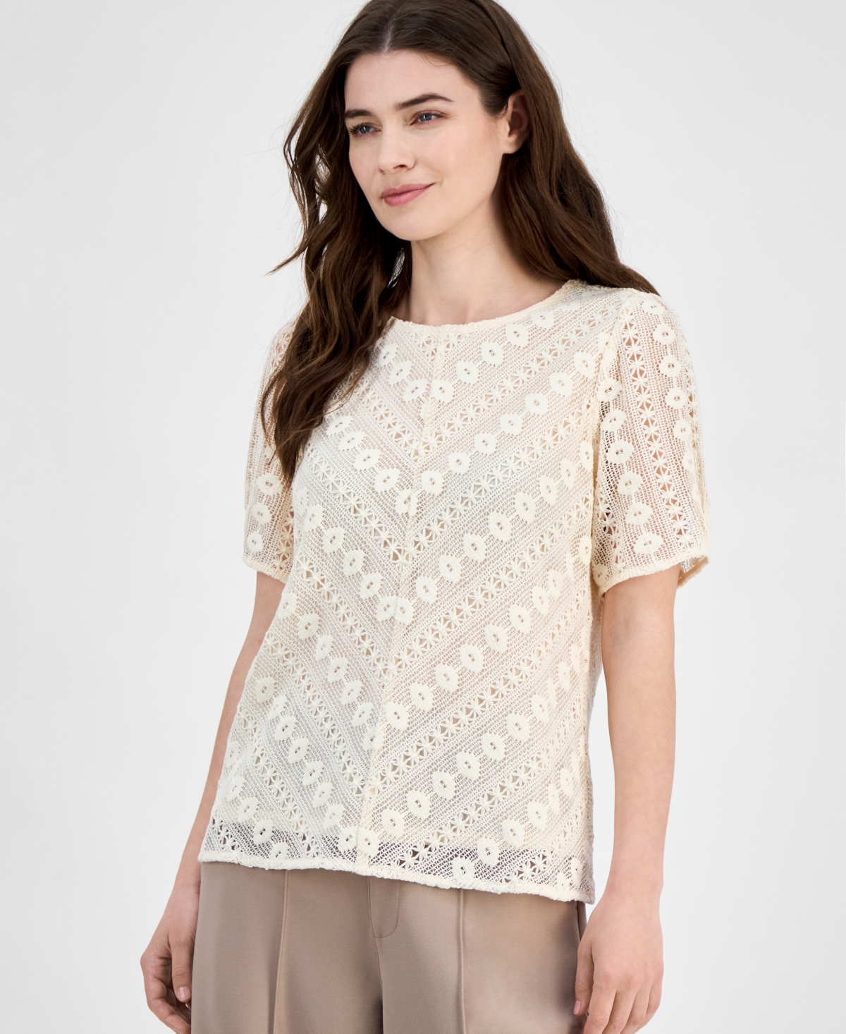 Click here for Anne Klein Petite Lace Short-Sleeve Top - Light Du... prices