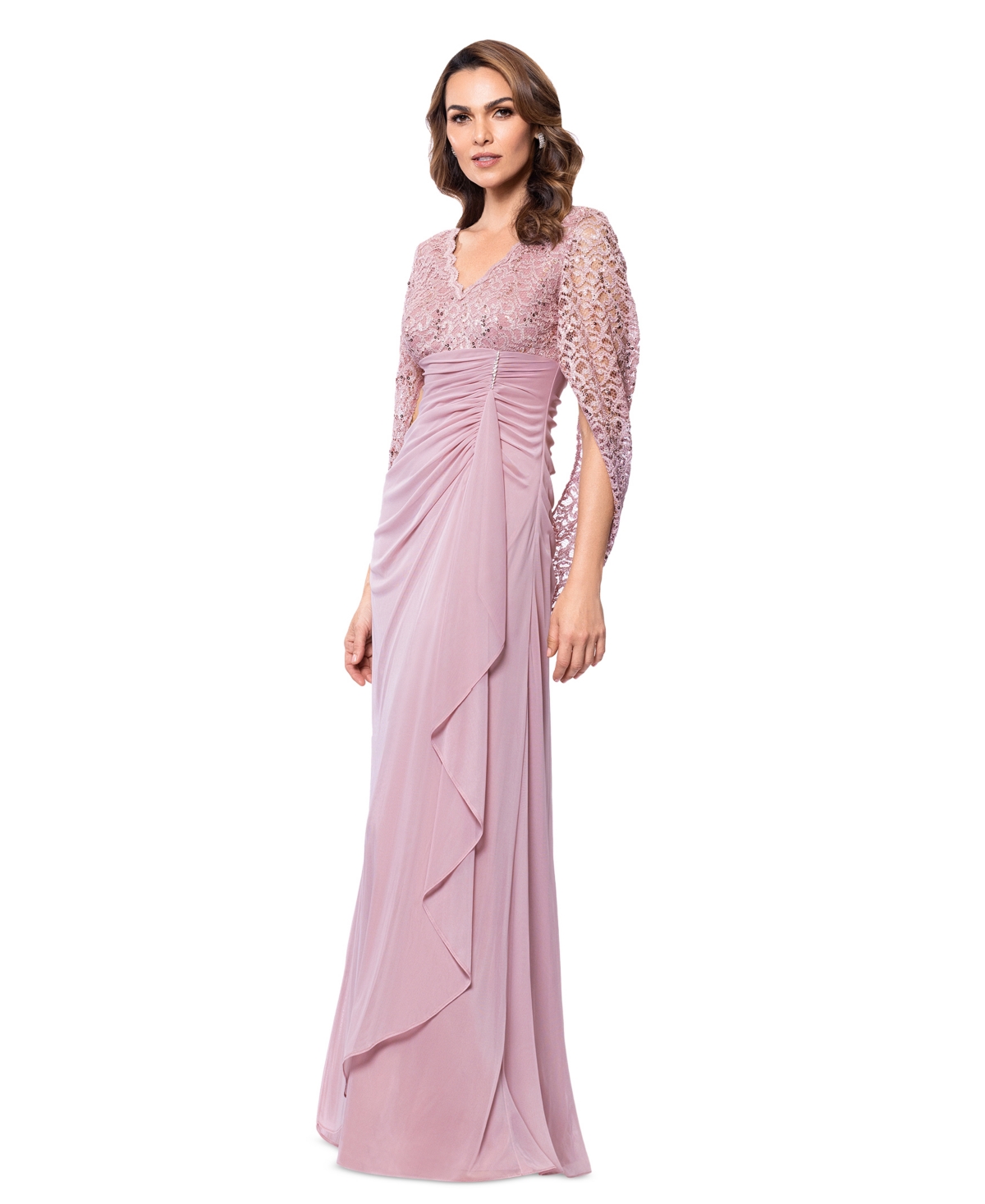 Click here for Betsy & Adam Petite Draped Lace Back Gown - Rose prices