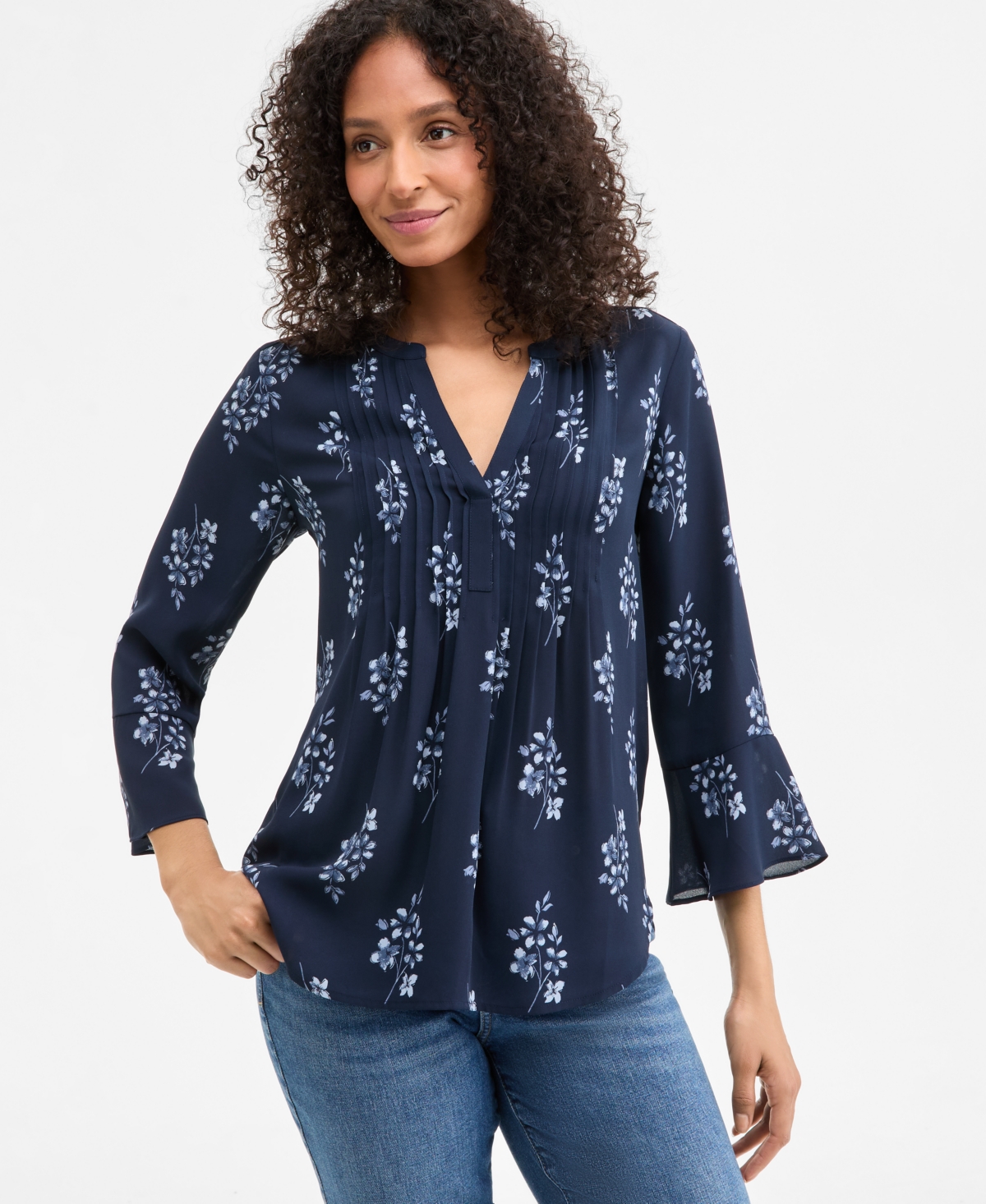 Click here for Style & Co Womens Printed Pintuck Ruffle Sleeve To... prices