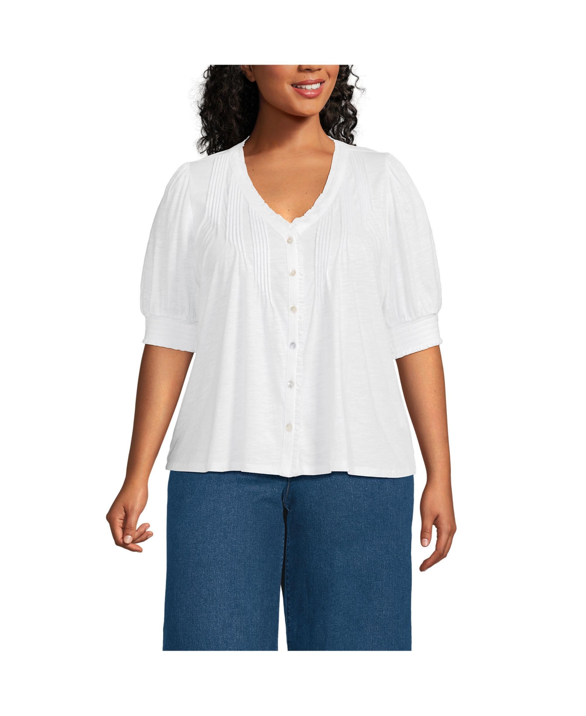 Click here for Lands End Plus Size Button Pintuck Puff Sleeve Top... prices