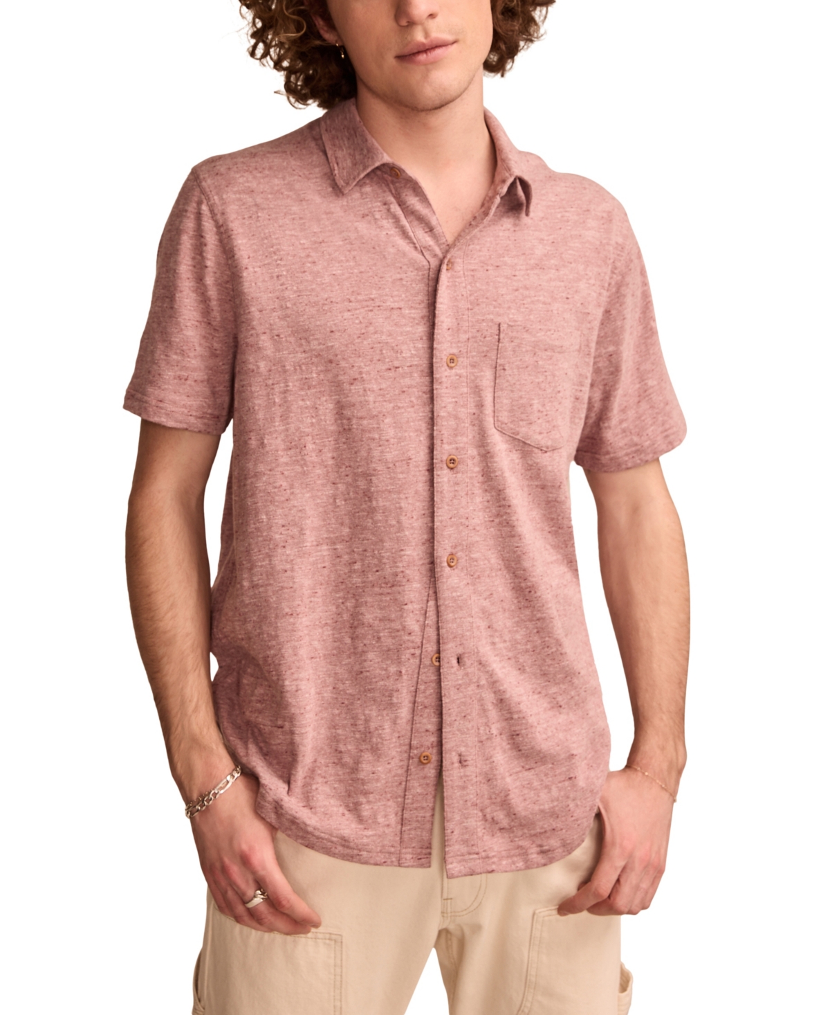 Lucky Brand Mens Linen Short Sleeve Button Down Shirt - Dry rose