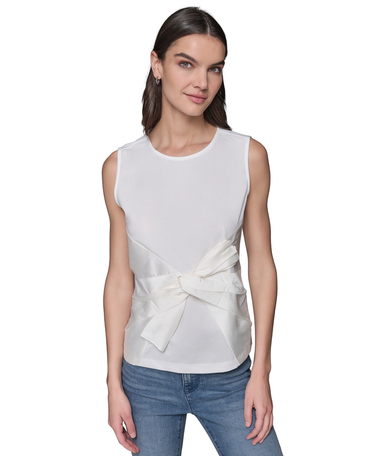 Karl Lagerfeld Paris Womens Sleeveless Satin Bow Top - White