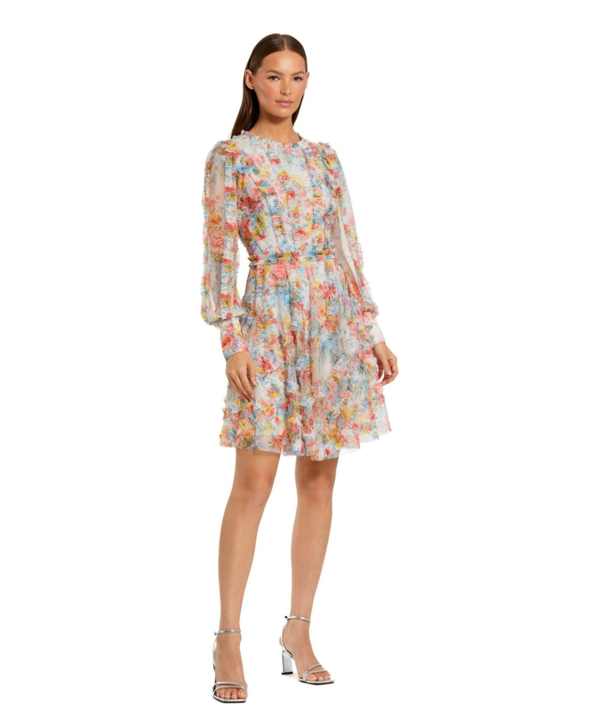 Mac Duggal Womens Floral Mesh Ruffle High Neck Mini Dress - Blue multi