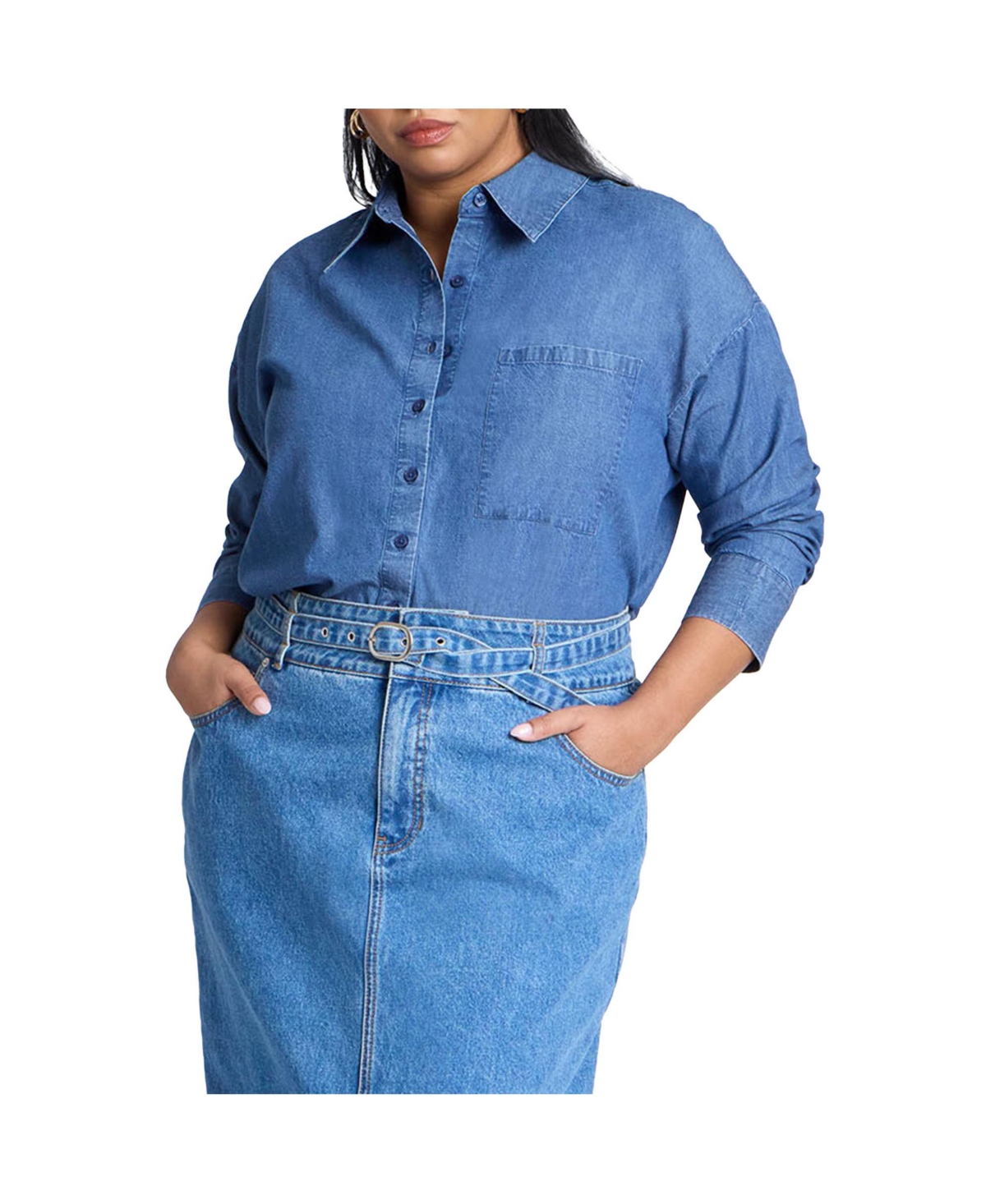 Click here for Eloquii Womens Elements Oversized Chambray Top - C... prices