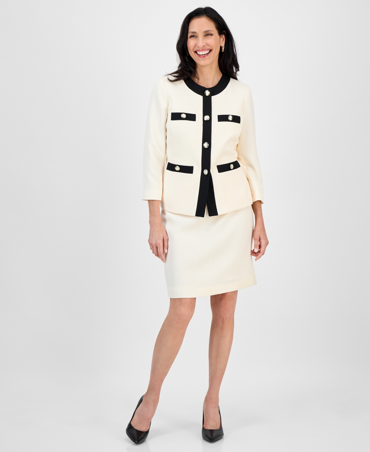 Click here for Le Suit Womens Tipped 3/4-Sleeve Jacket And Skirt... prices