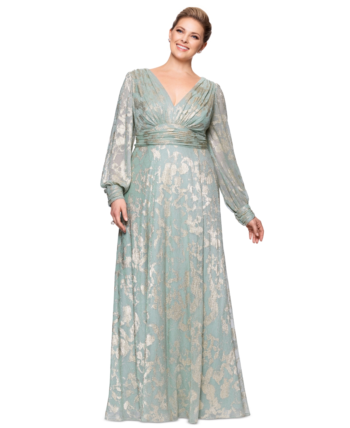 Click here for Betsy & Adam Plus Size V-Neck Foil Mesh A-Line Dre... prices