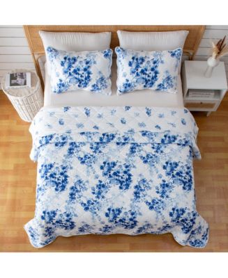 Linery & Co. Blue Watercolor Florals Microfiber Quilt Set With Shams ...