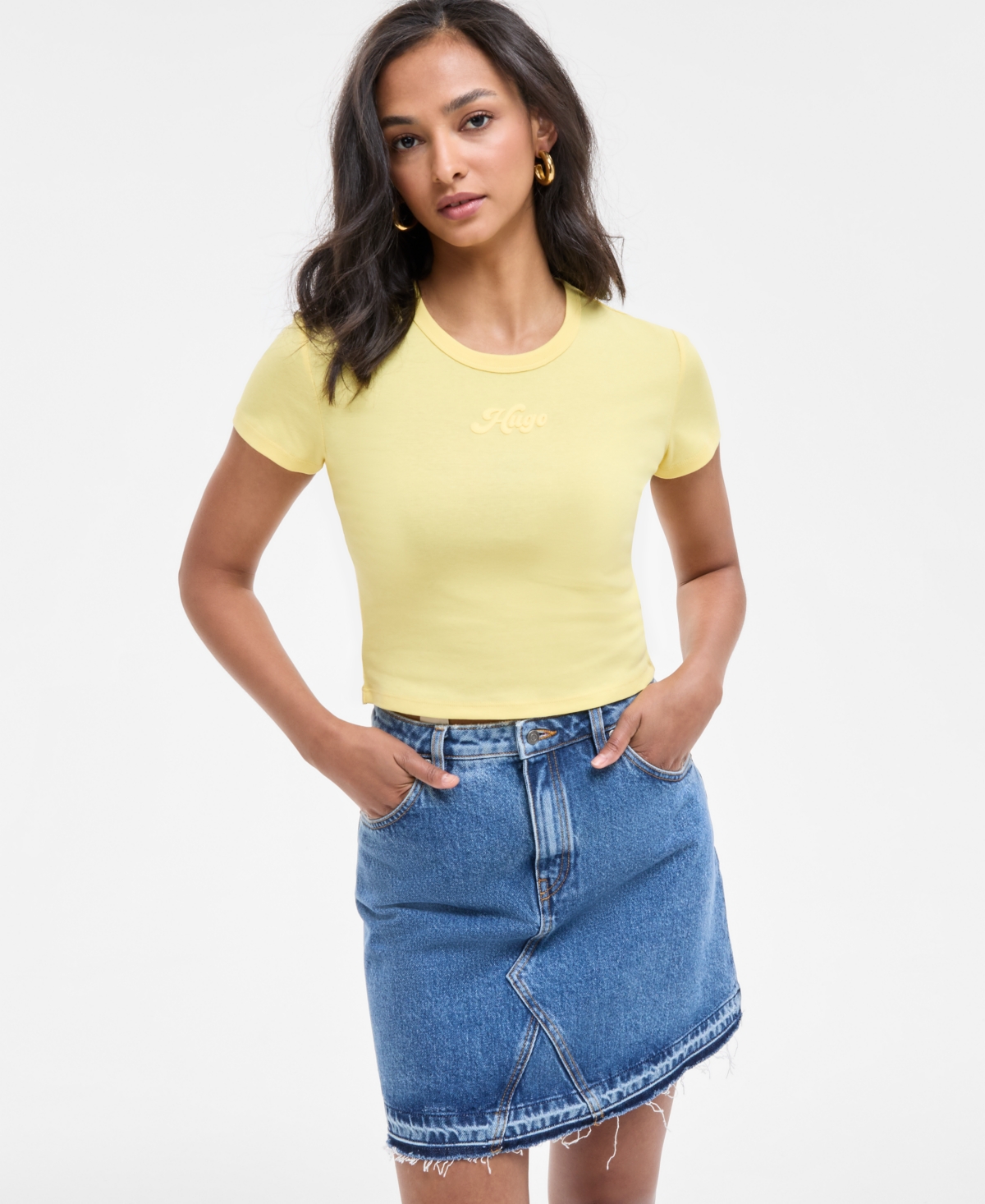 Click here for Hugo Womens Cotton Crewneck Cropped Logo Tee - Med... prices