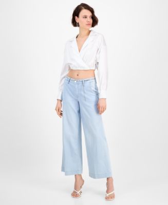 GUESS Women's Caiden Long-Sleeve Crop Top & Zoya Cropped Wide-Leg Jeans ...