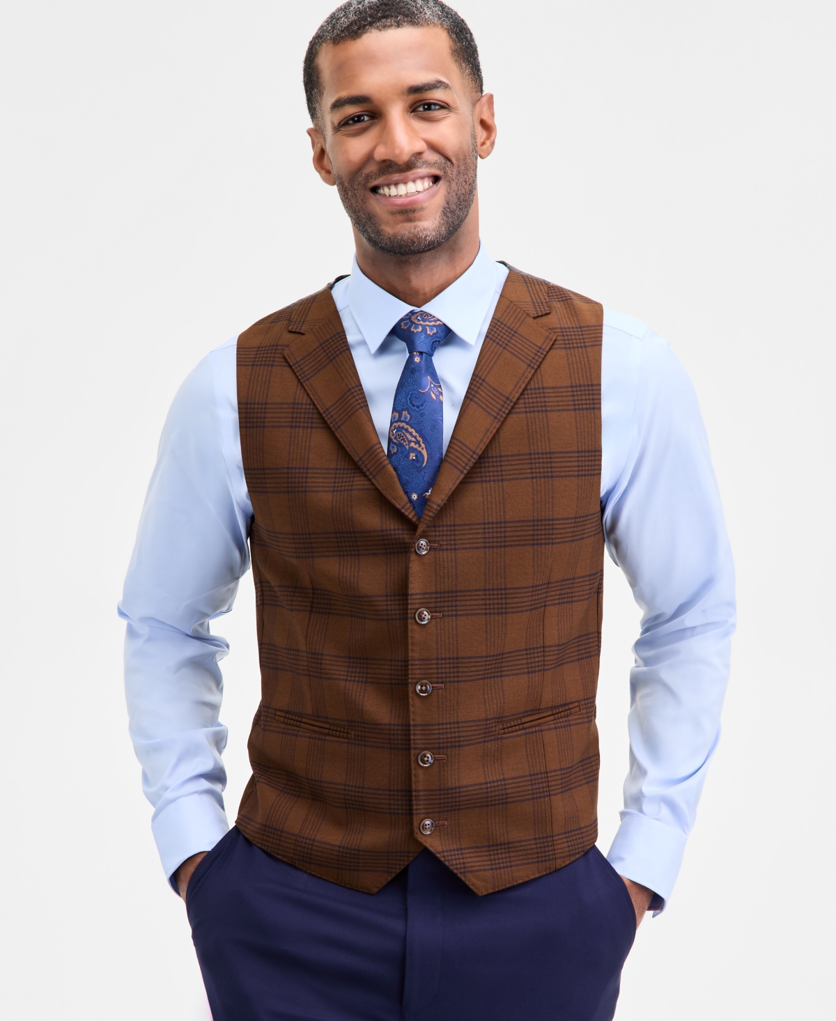 Tayion Collection Mens Classic-Fit Suit Separate Vest - Brown/Navy
