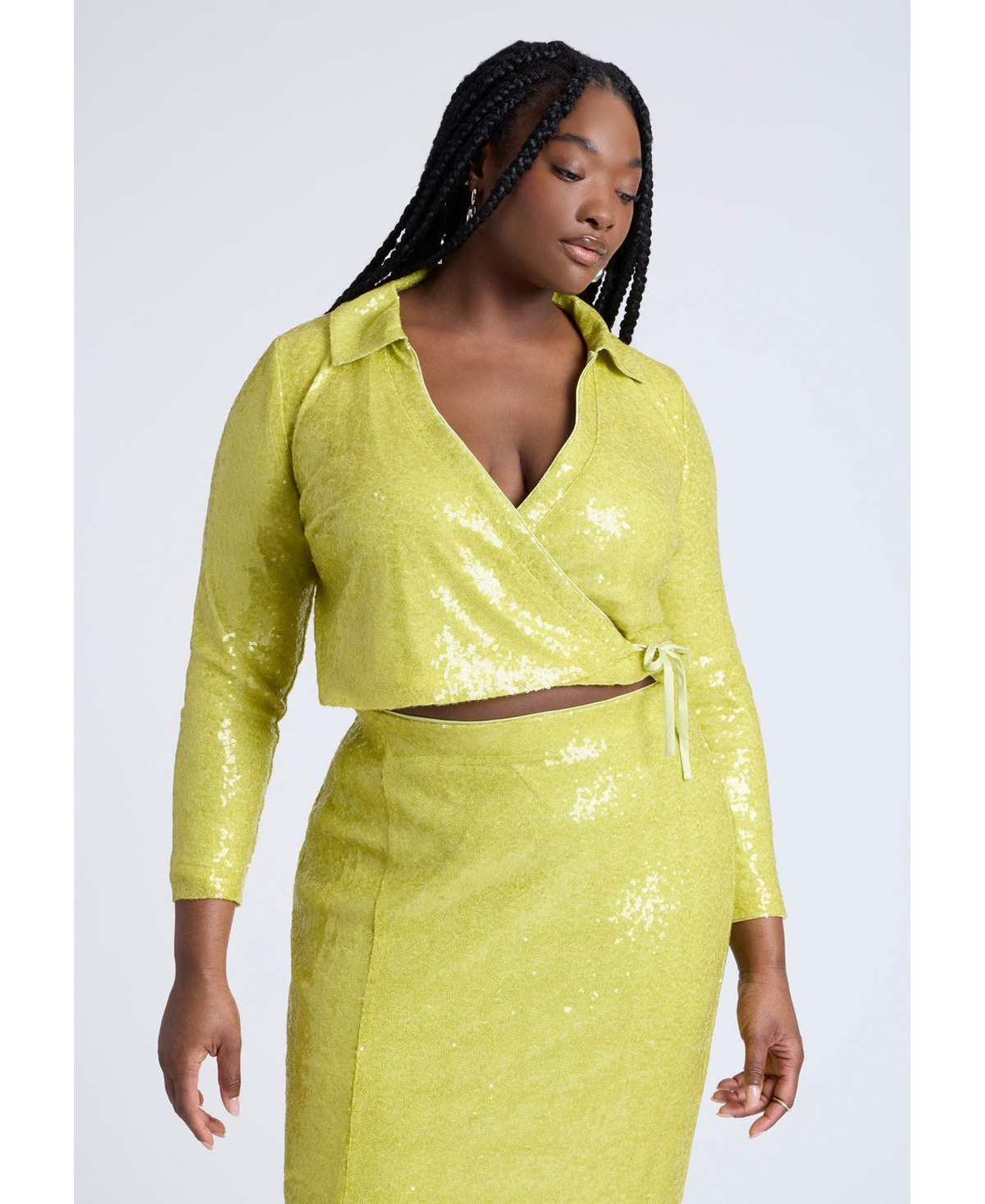 Click here for Eloquii Womens Sequin Wrap Collared Top - Green oa... prices